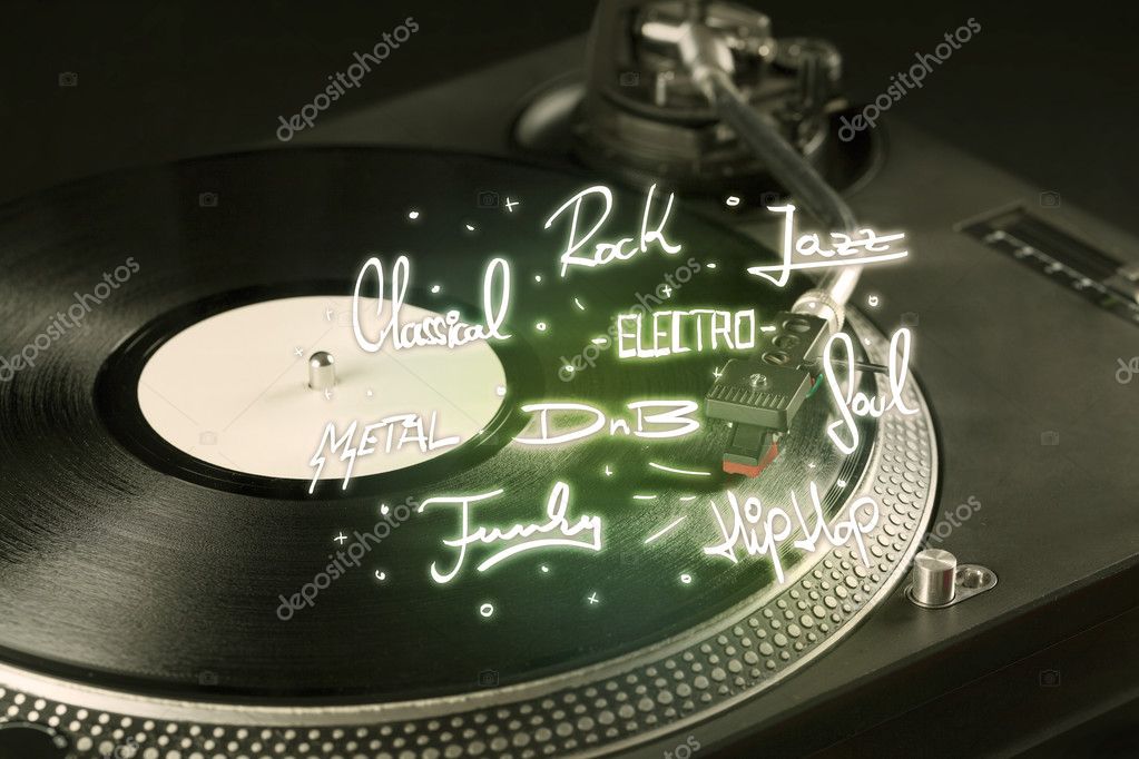 Turntable with vinyl and music genres writen — Stock Photo © ra2studio ...