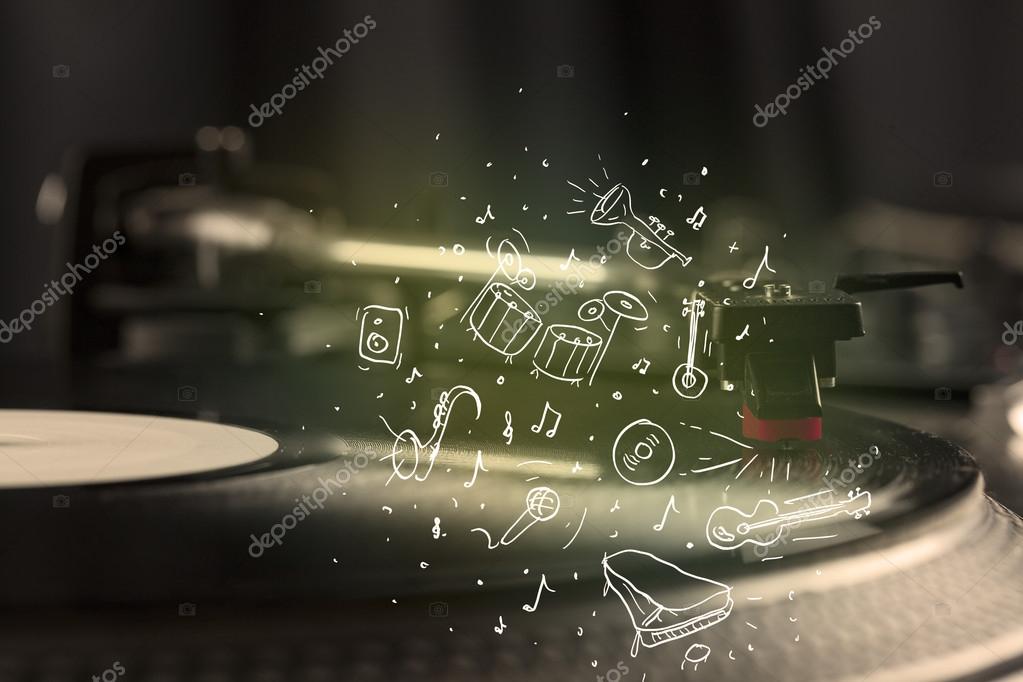 Turntable playing classical music with icon drawn instruments Stock ...