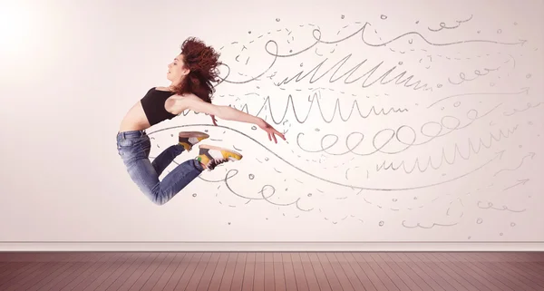 Pretty woman jumping with hand drawn lines and arrows come out - Stock ...