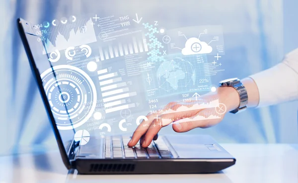 Komputer notebook modern dengan simbol teknologi masa depan — Stok Foto ...