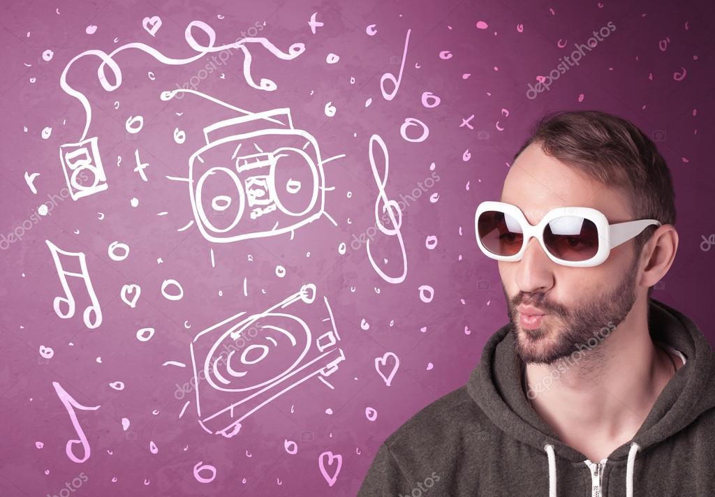Happy funny guy with shades and hand drawn media icons Stock Photo by ...
