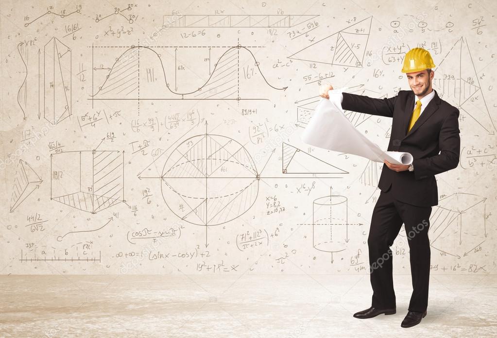 Handsome engineer calculating with hand drawn background — Stock Photo ...