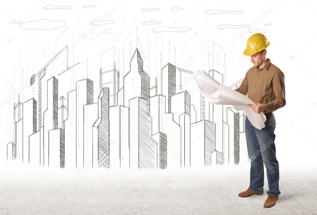 Engineer man with building city drawing in background — Stock Photo ...