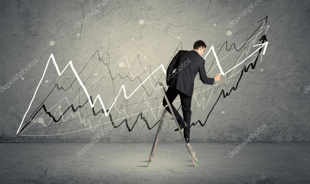 Man on ladder drawing lines Stock Photo by ©ra2studio 91123218