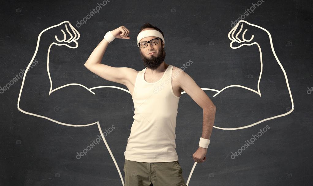 Young weak man with drawn muscles Stock Photo by ©ra2studio 91641214