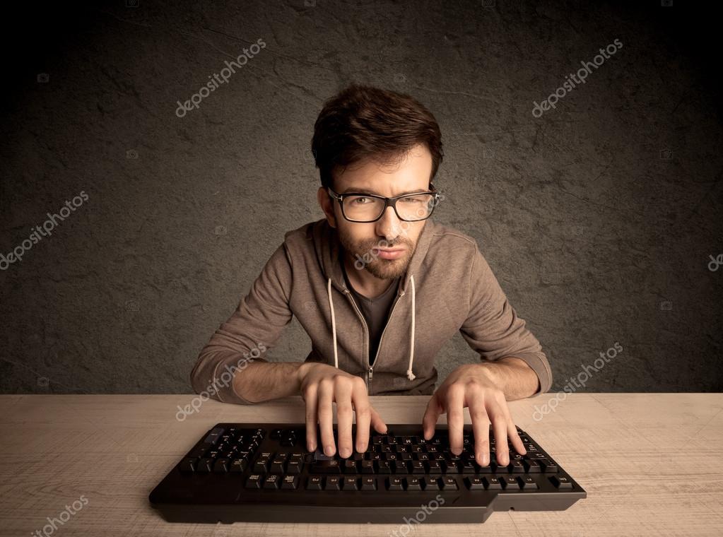 Computer geek typing on keyboard — Stock Photo © ra2studio #92587226