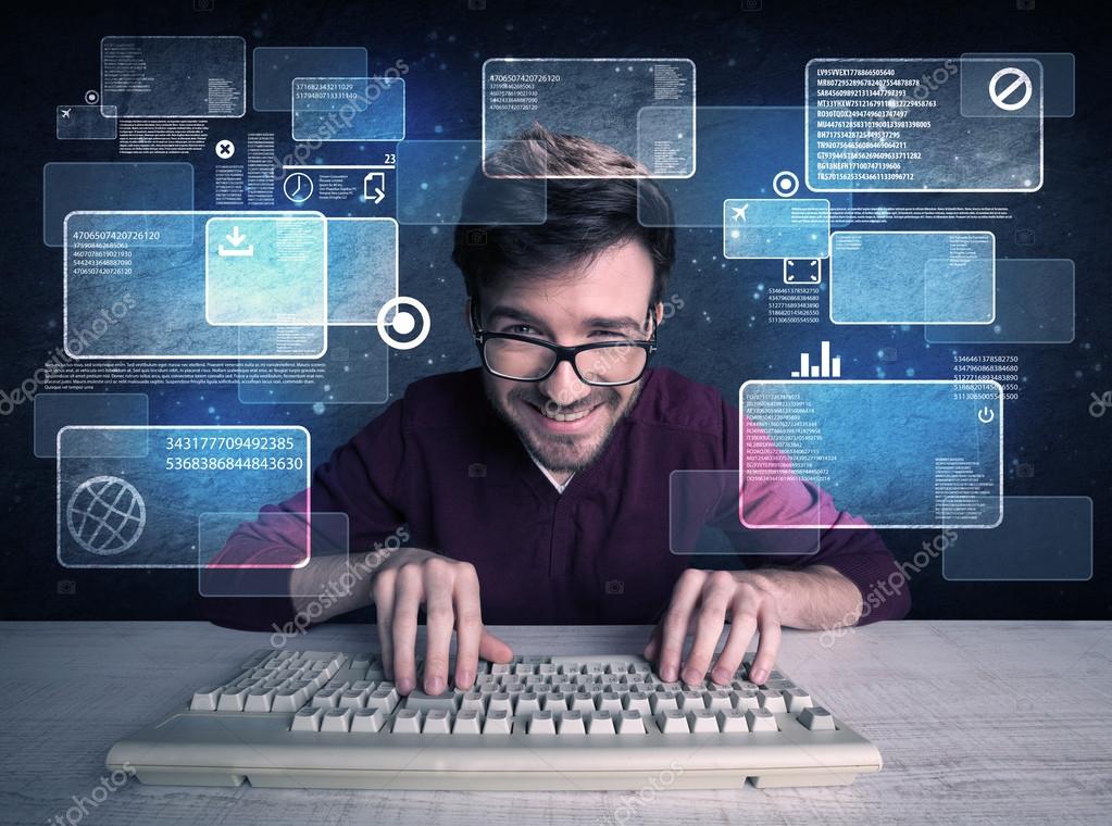 Nerd with glasses hacking websites Stock Photo by ©ra2studio 99714178