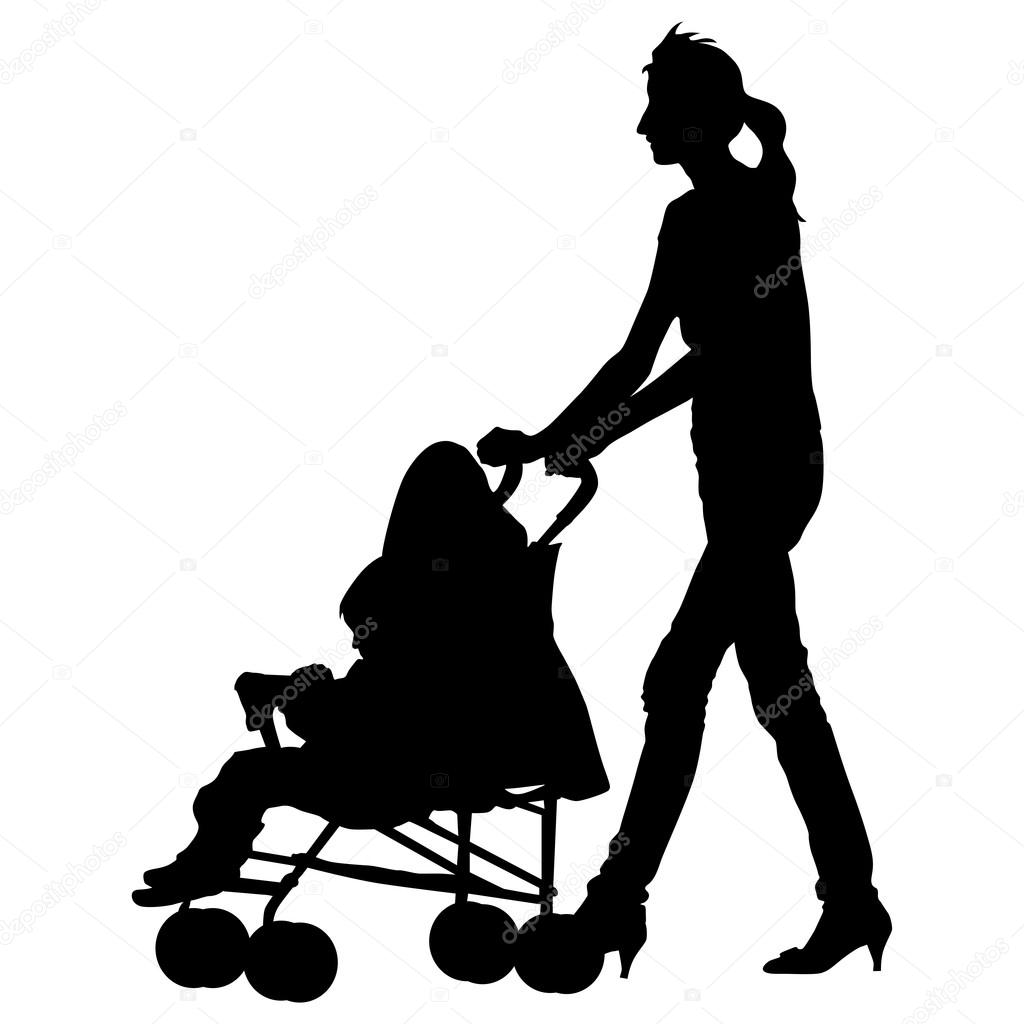 Silhouettes walkings mothers with baby strollers. Vector illust Stock ...