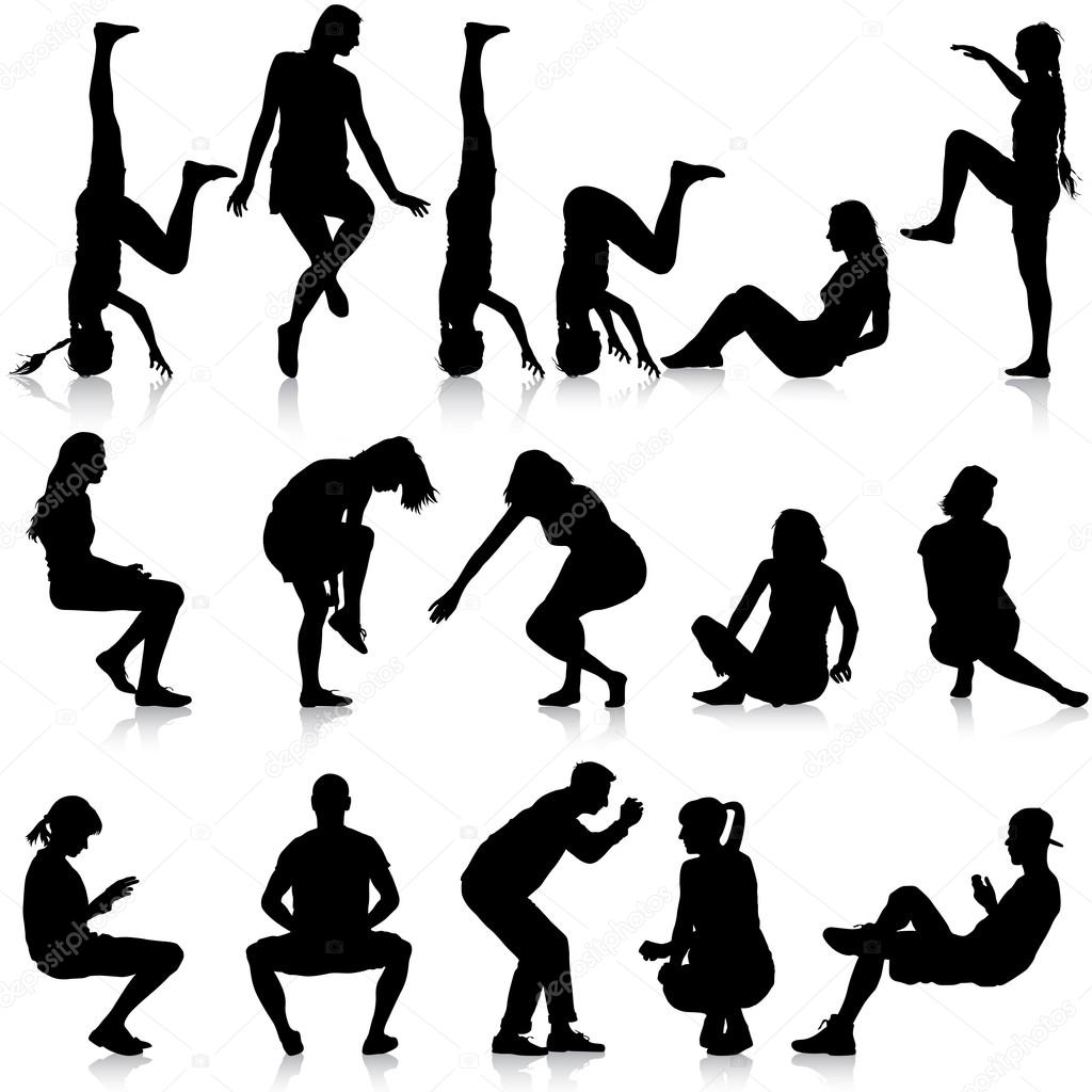 Black silhouettes of men and women in a pose sitting on a white Stock ...