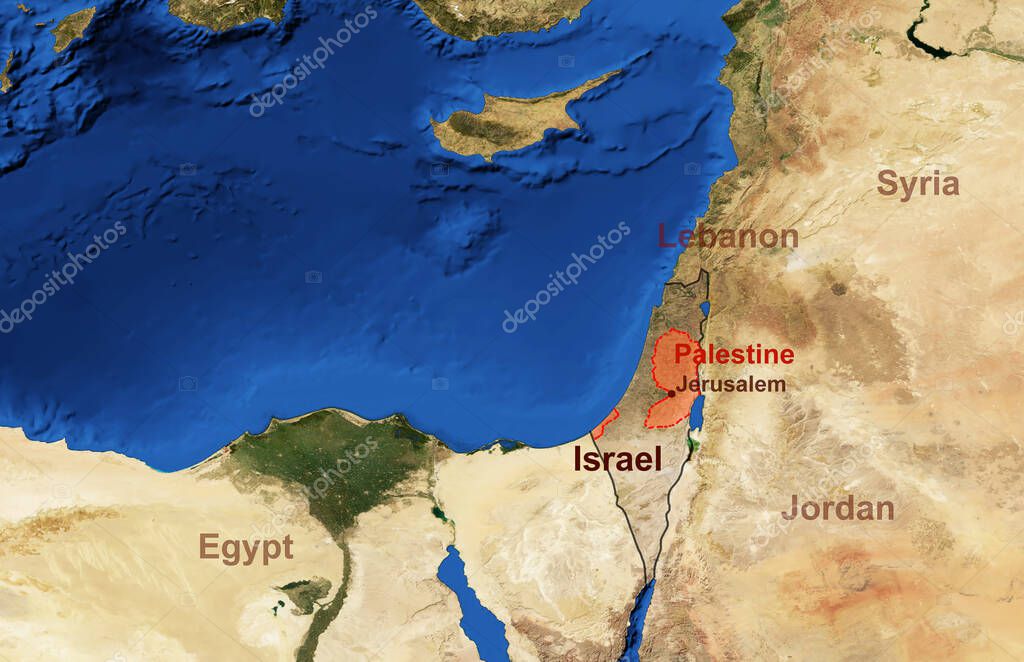 Israel y Palestina mapa en satélite foto, vista plana del territorio ...