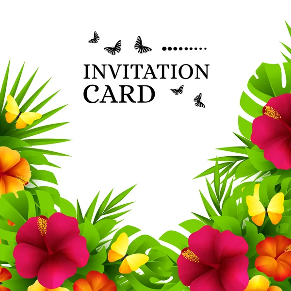 Tropical invitation background with exotic flowers and butterfli ...