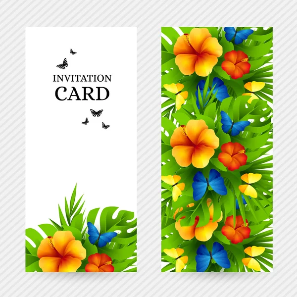 Tropical invitation background with exotic flowers and butterfli ...