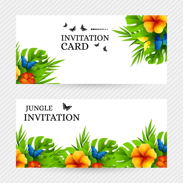 Tropical invitation background with exotic flowers and butterfli ...