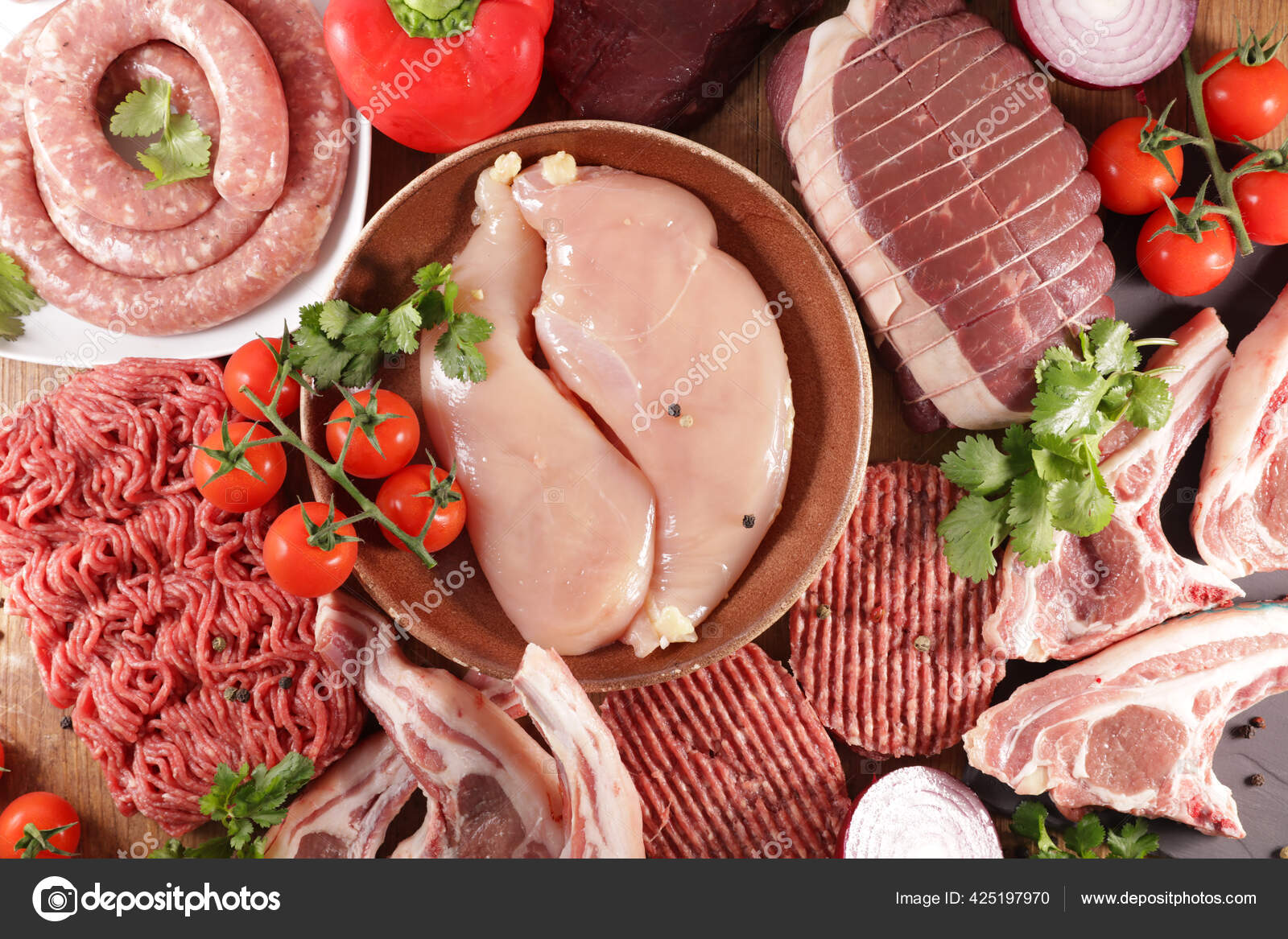 Assorted Meats Top View Chicken Minced Beef Roast Beef Sausage — Stock ...