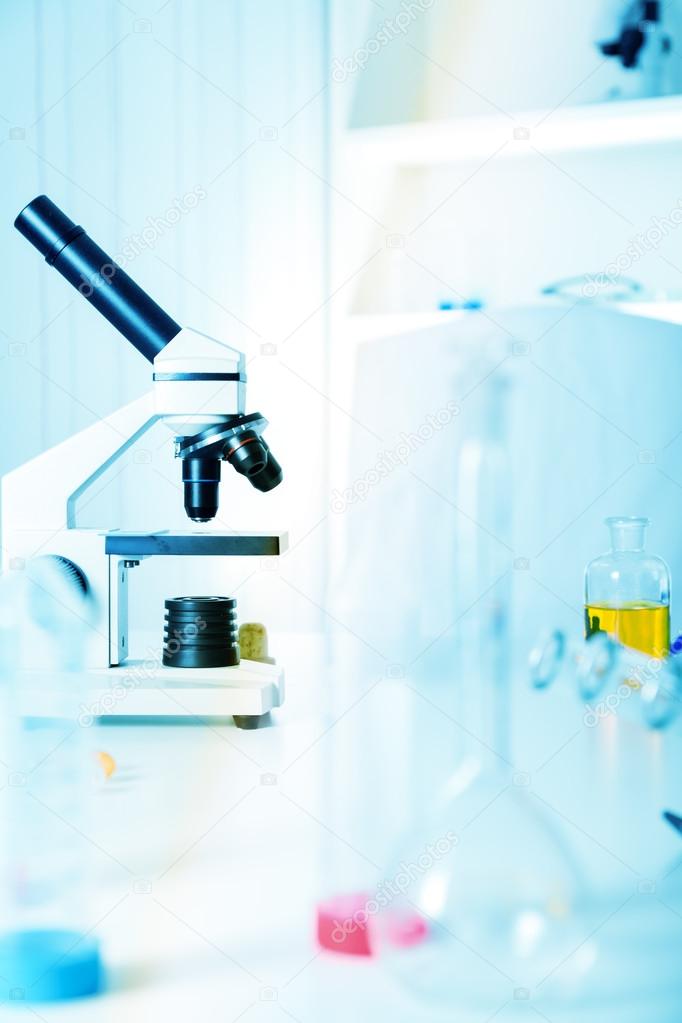 Laboratory microscope lens.modern microscopes in a lab. toned im ...