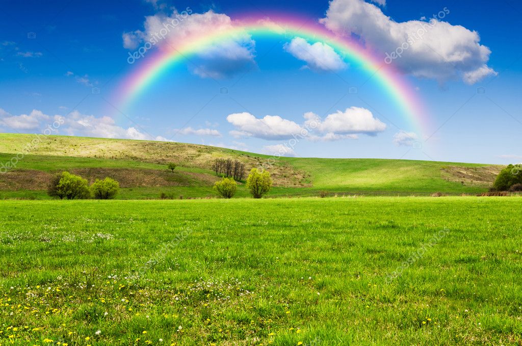 Beautiful field with rainbow at background Stock Photo by ©klagyivik ...