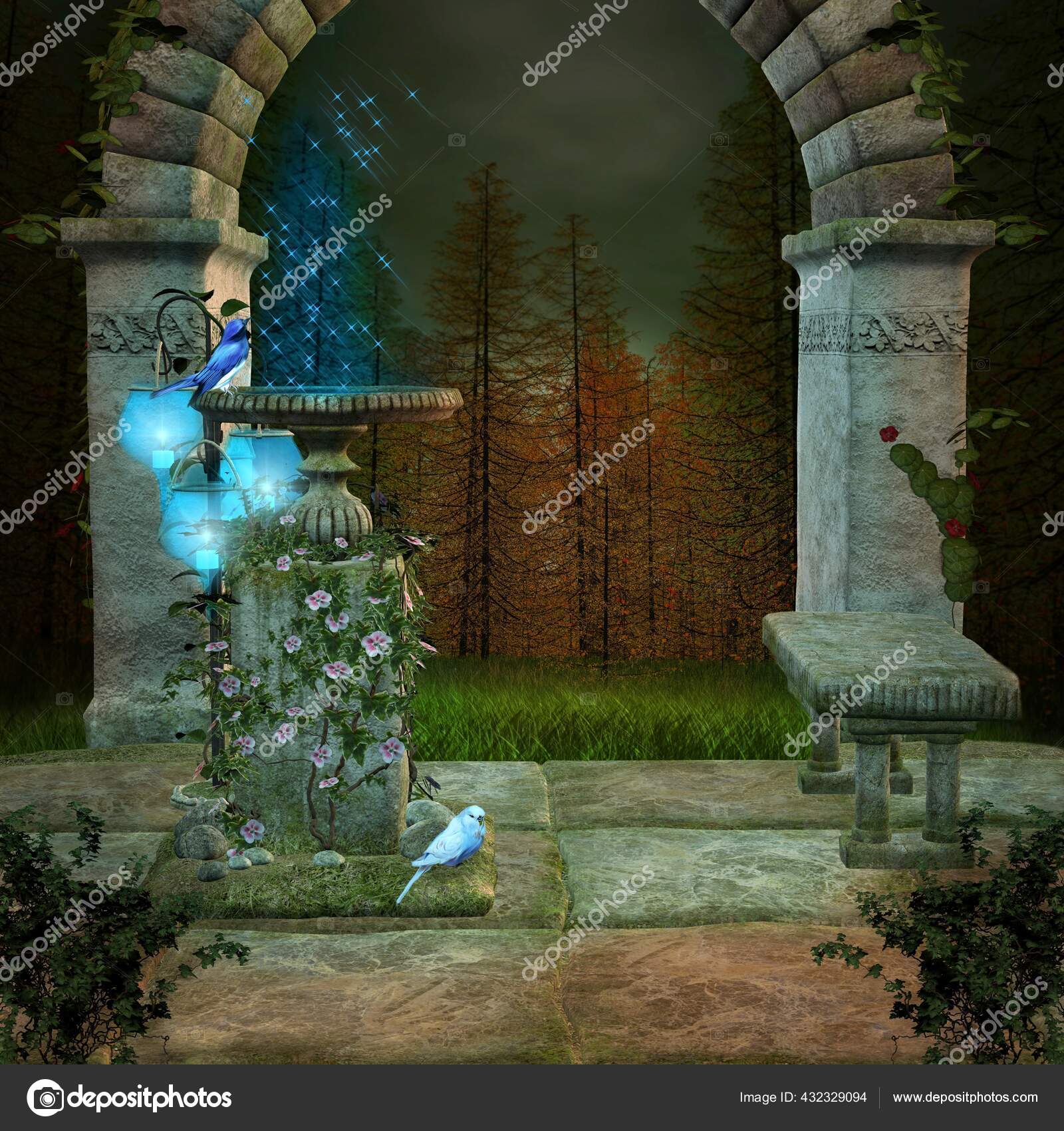 Silent Place Magic Fountain Old Arch Firs Forest — Stock Photo ...