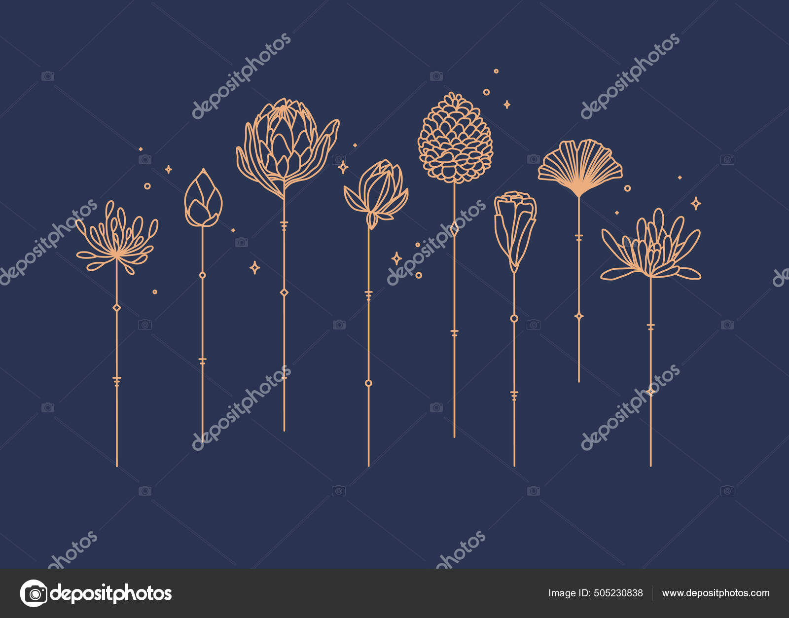 Flowers Long Stem Drawing Art Deco Style Blue Background Stock Vector ...