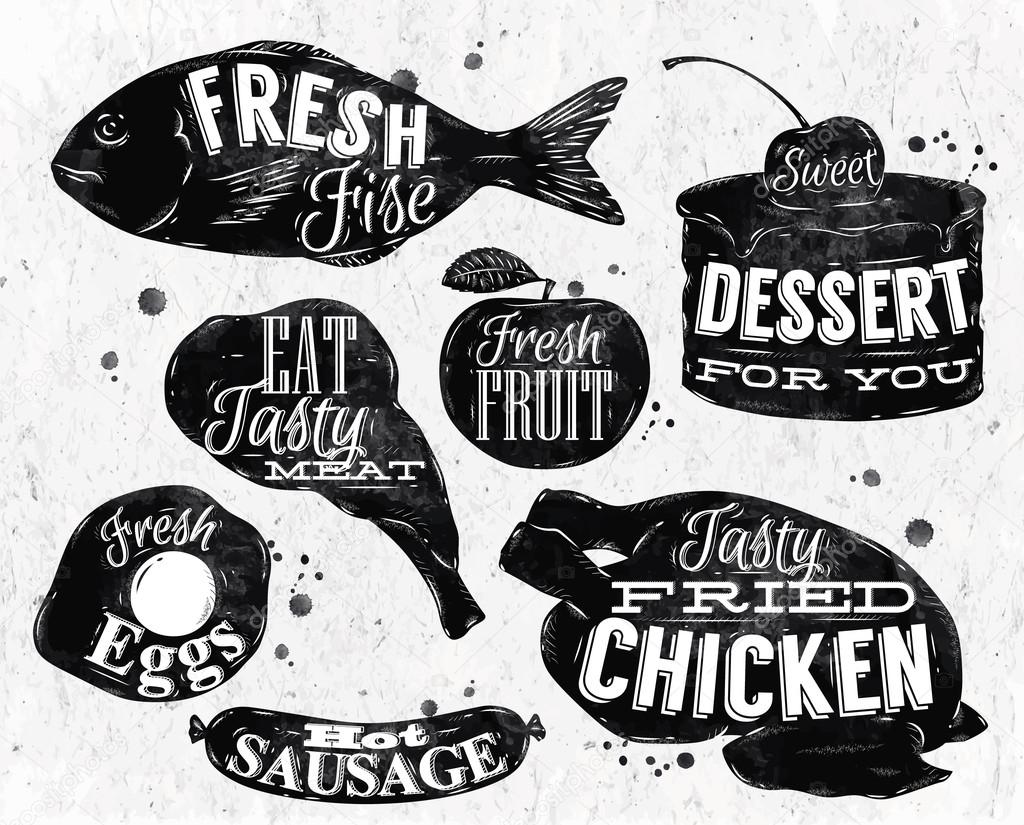 Eat symbol vintage lettering eggs, apple, chicken, cake, fish, meat ...