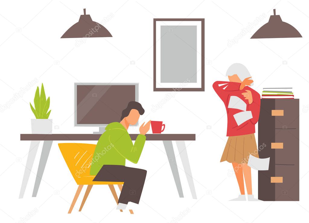 Hombre y mujer tosiendo o estornudando en la oficina, hombre y mujer enfermos en la oficina ...