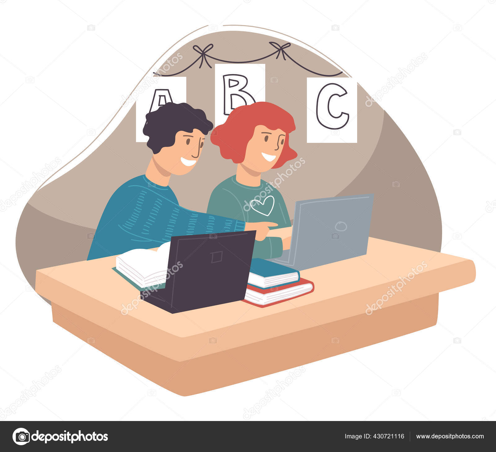 Kids Working School Project Using Computer Books Find Info Research ...