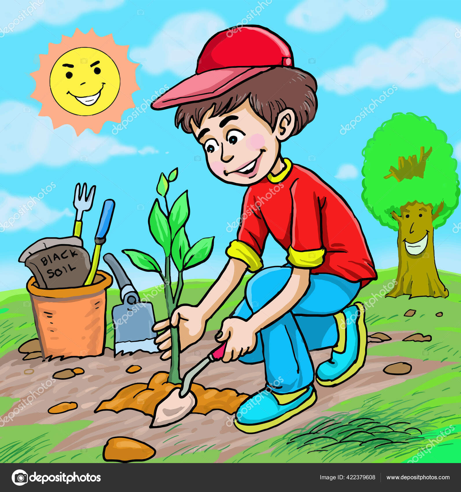 Boy Planting Tree Cheerful Day Stock Vector Image by ©azdesign64 #422379608