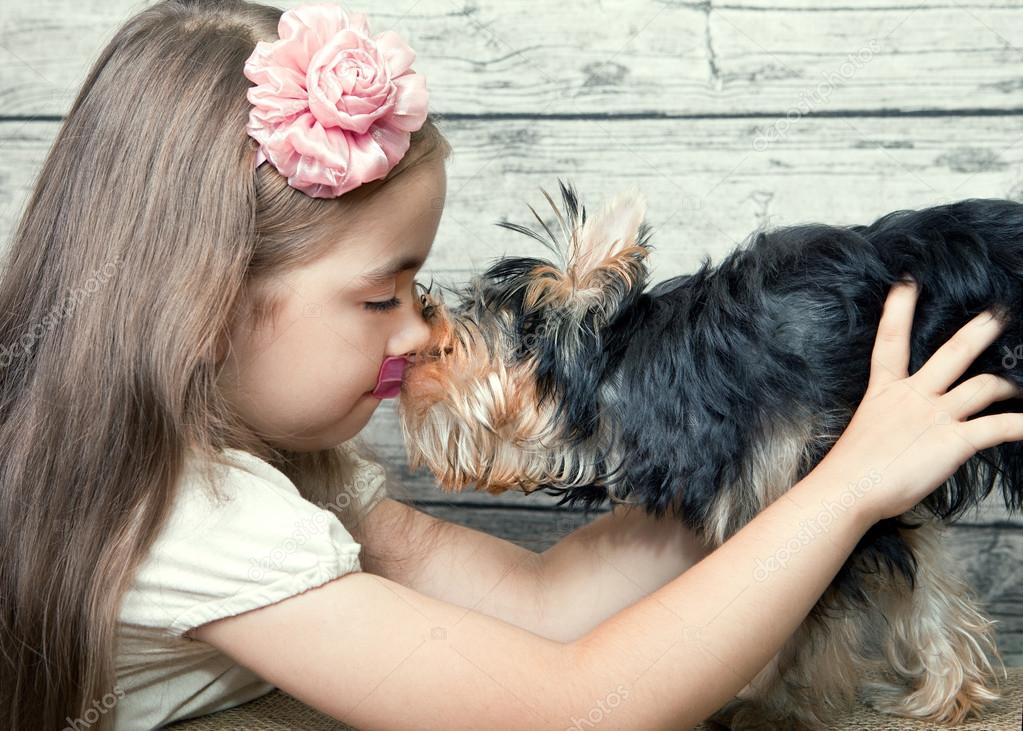 A girl with a dog. Closeup portrait — Stock Photo © linavita #120874912