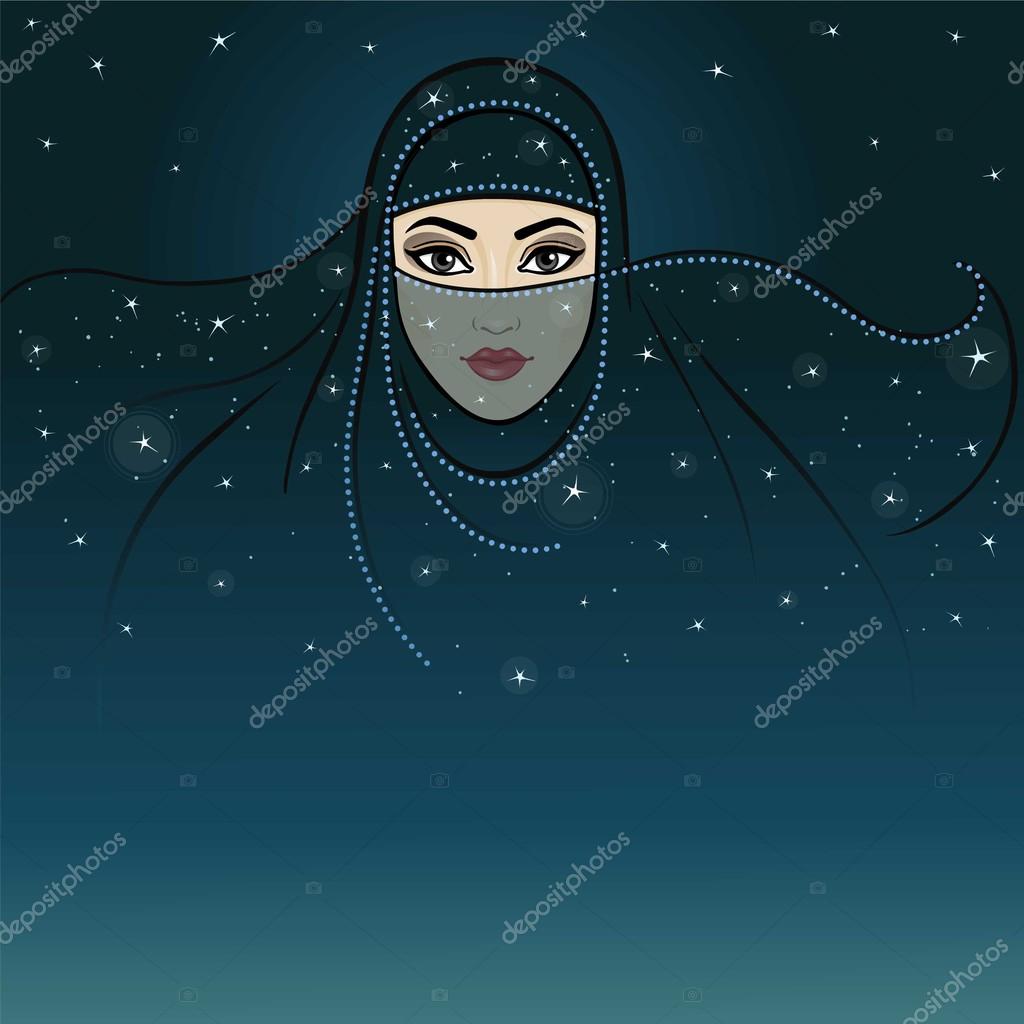Arab night. The animation Arab princess in a veil. A place for the text ...