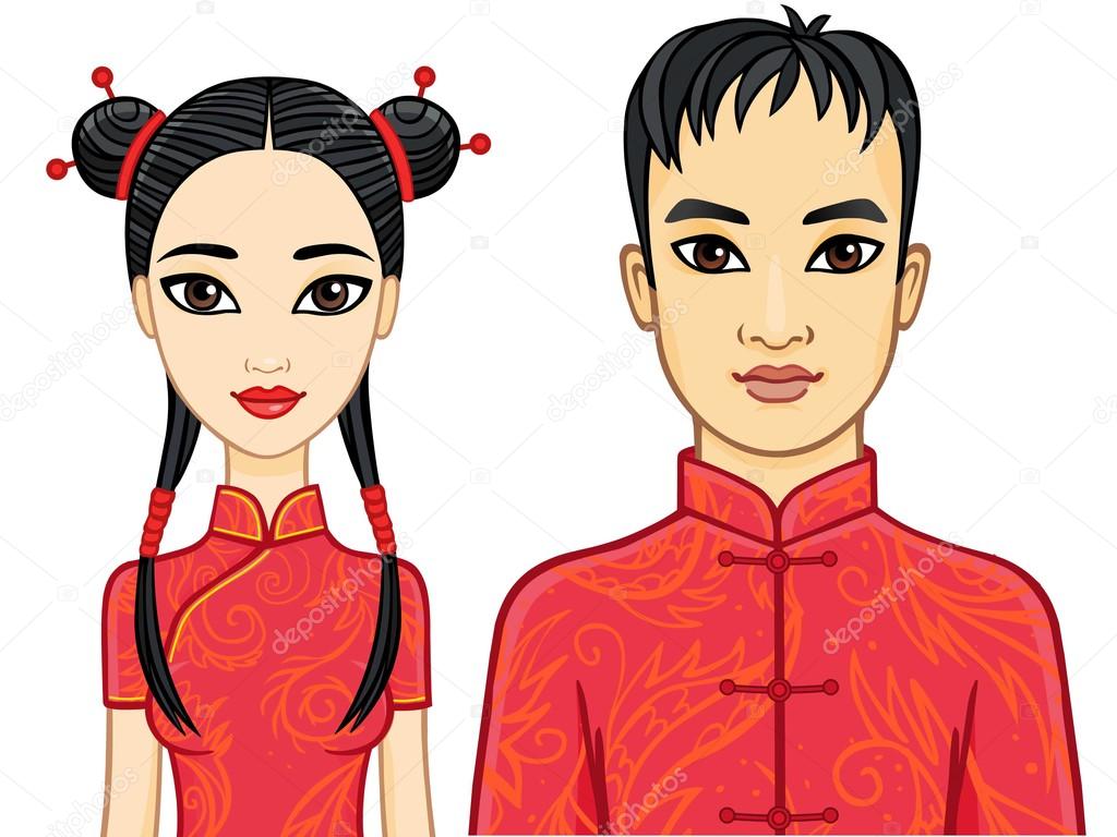 Portrait of an animation Chinese family in traditional clothes ...