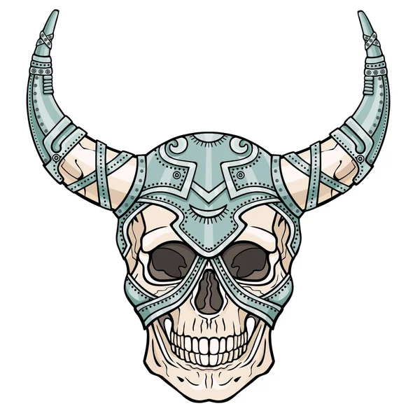 Fantastic horned human skull in iron armor. Spirit of the soldier. Boho ...