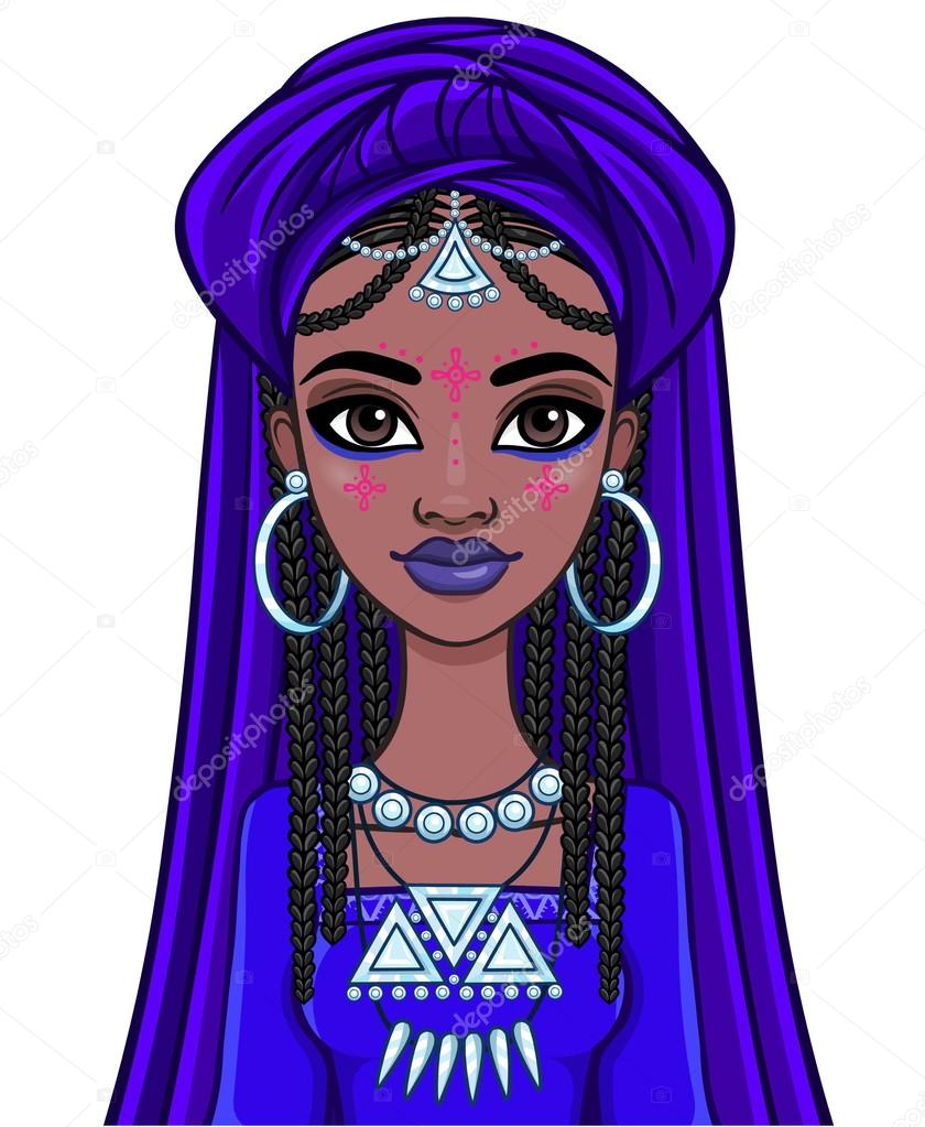 Beautiful animation African princess in ancient clothes and a turban ...