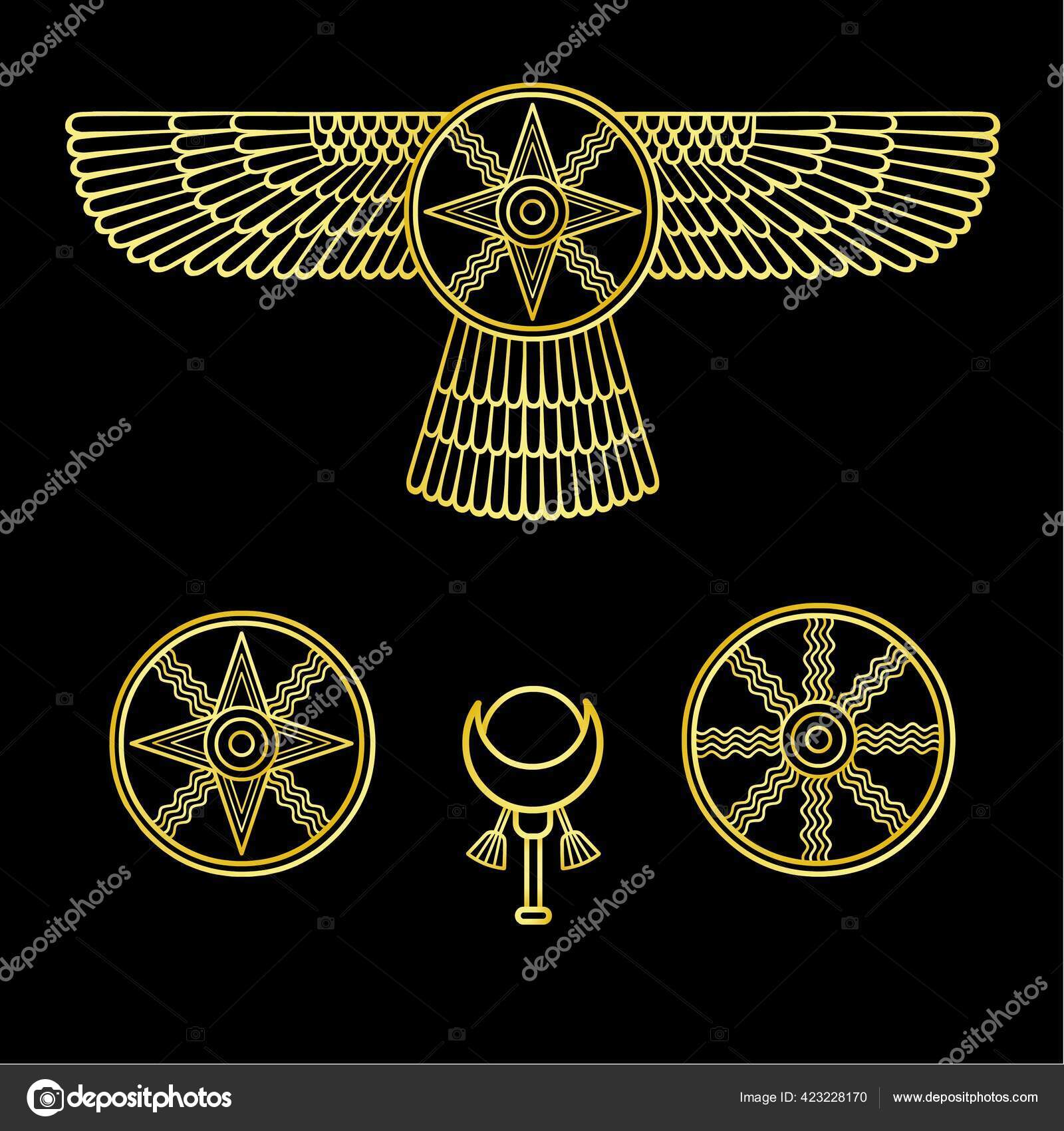 Cartoon Drawing Ancient Sumerian Symbols Winged Star Marduk Shamash ...