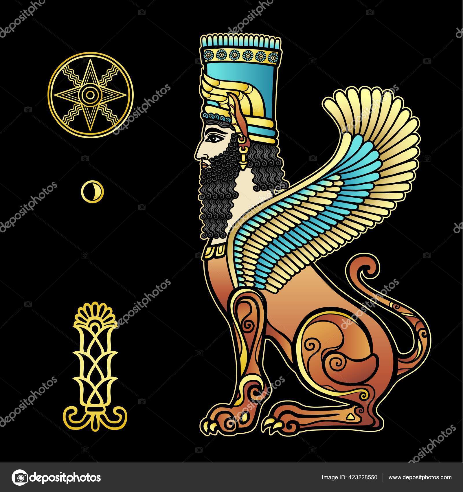 Animation Color Drawing Sphinx Man Lion Body Wings Character Assyrian ...