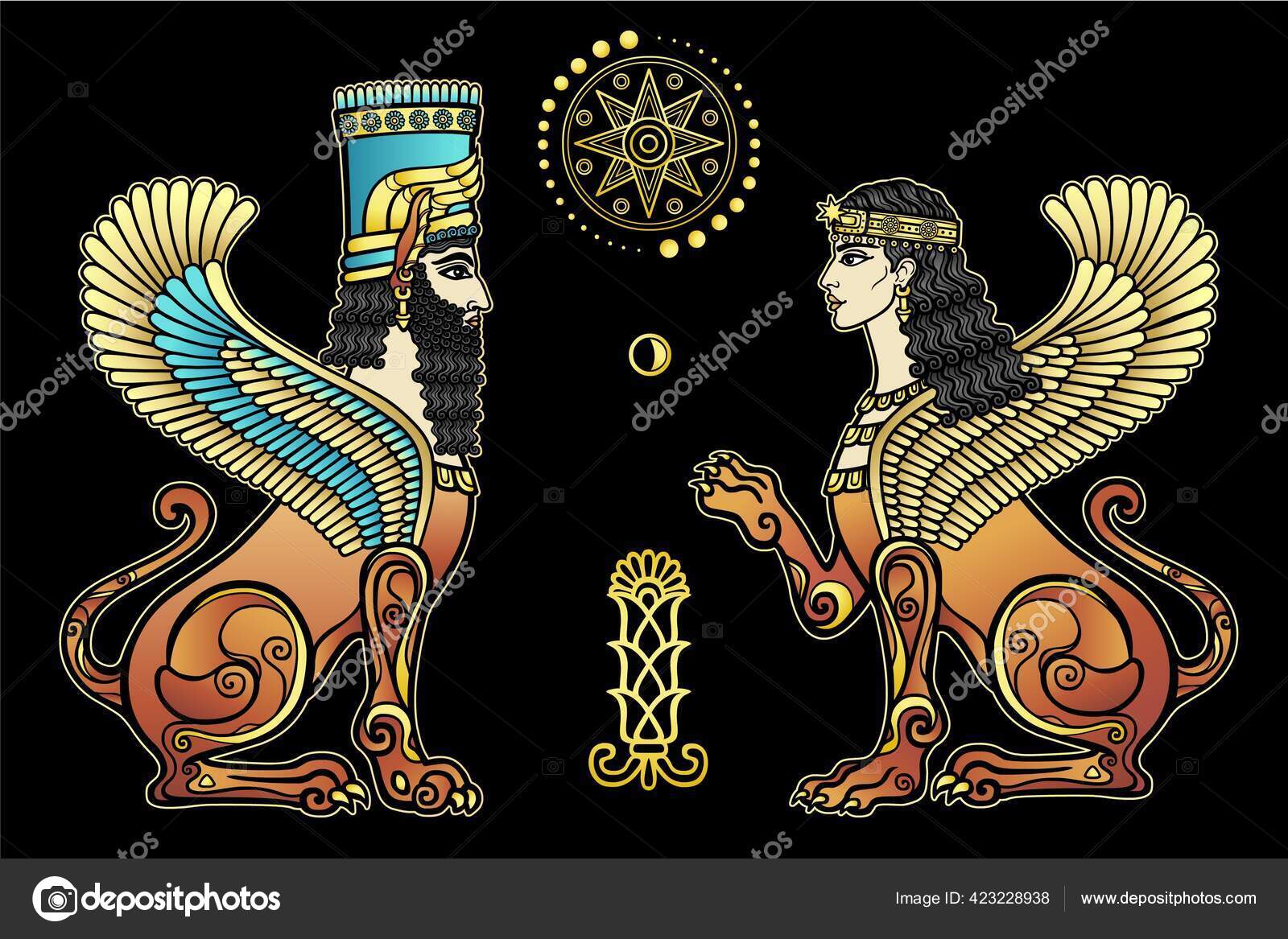 Animation Color Drawing Mystical Winged Lion Lioness Human Heads ...