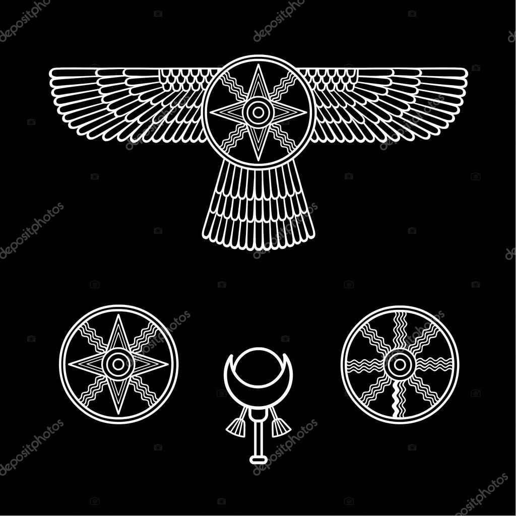 Dibujo de dibujos animados: Conjunto de antiguos símbolos sumerios ...