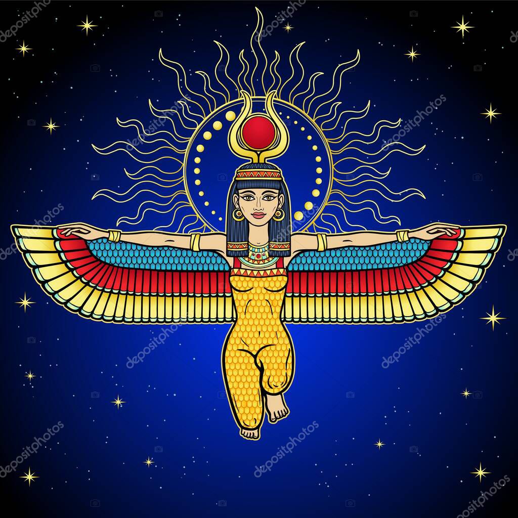 Retrato en color de animación: la diosa alada sentada Isis con cuernos ...