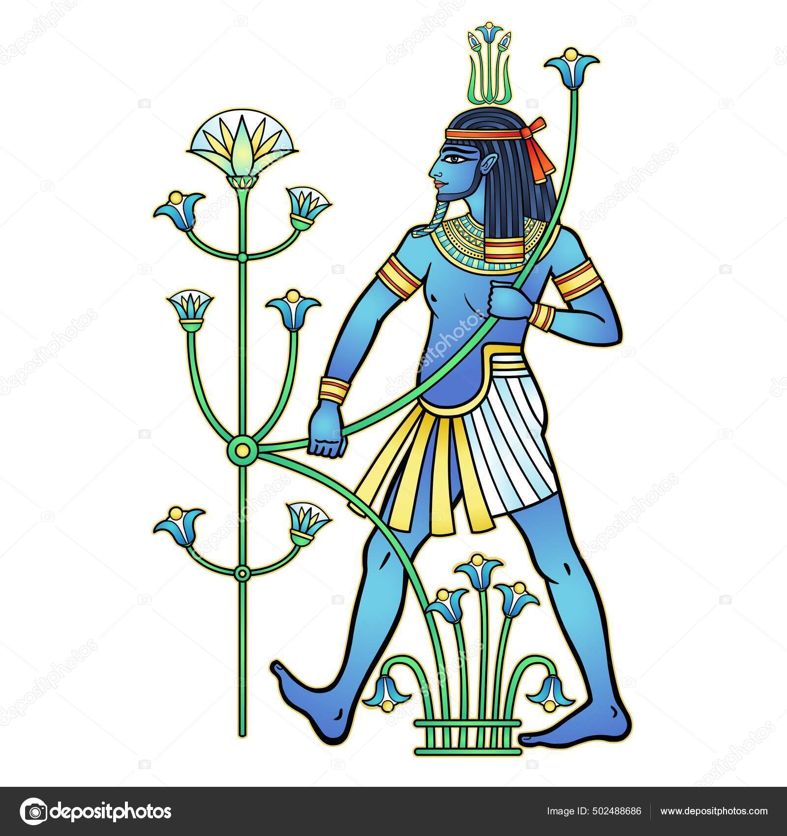 Animation Portrait Egyptian God Hapi Holding Reed Flower God Fertility ...