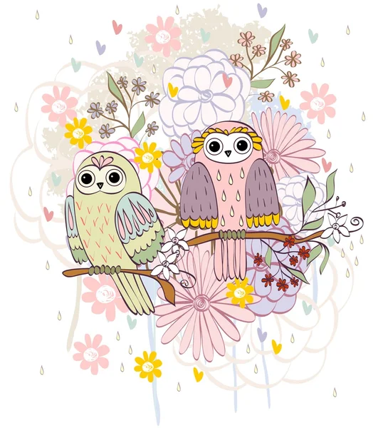 Cute owls on branch in flowers. Spring concept background. Bright ...