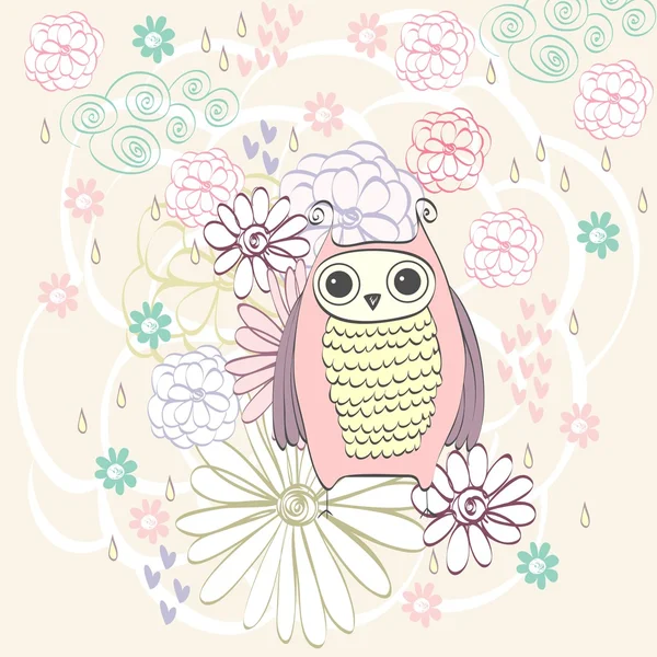 Cute owls on branch in flowers. Spring concept background. Bright ...