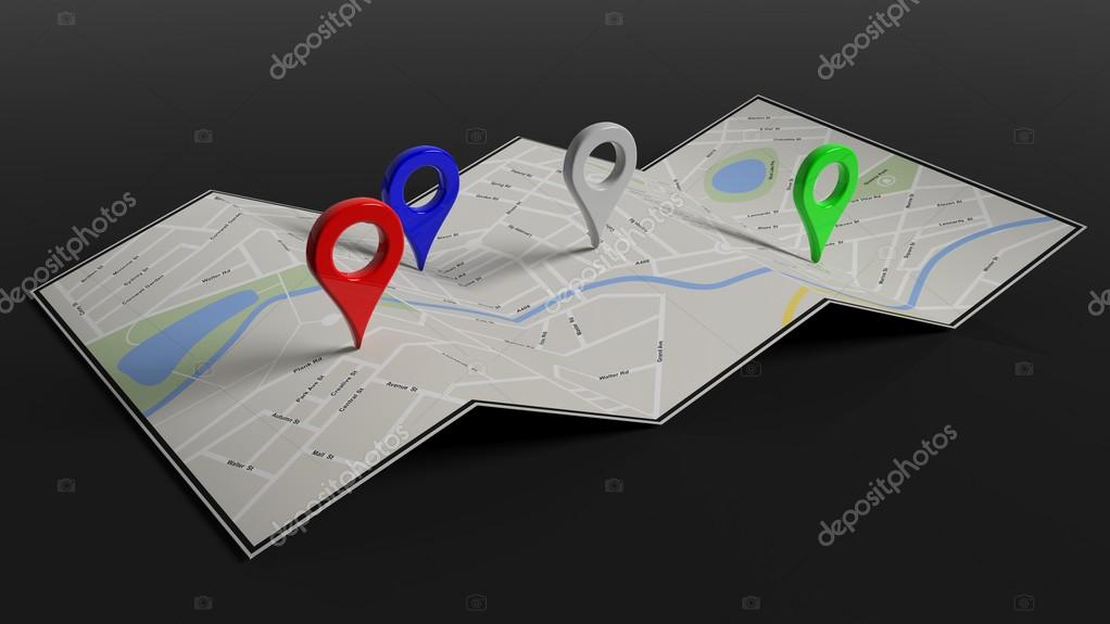 Folded paper map with colorful pointers, isolated on black background ...