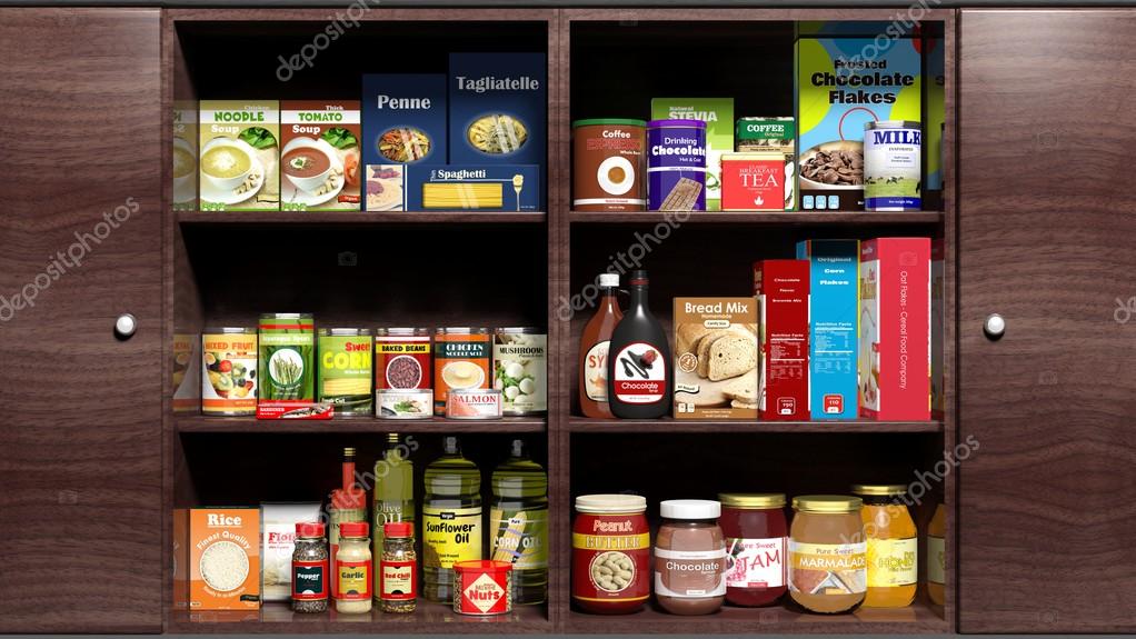 Wooden kitchen cabinet full of food products — Stock Photo © viperagp ...