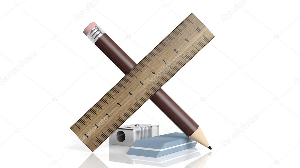 Sharpener, ruler, pencil and eraser, isolated on white background Stock ...