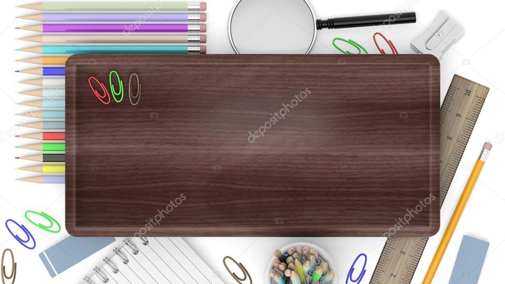 Drawing writing tools with wooden sign, isolated on white background ...