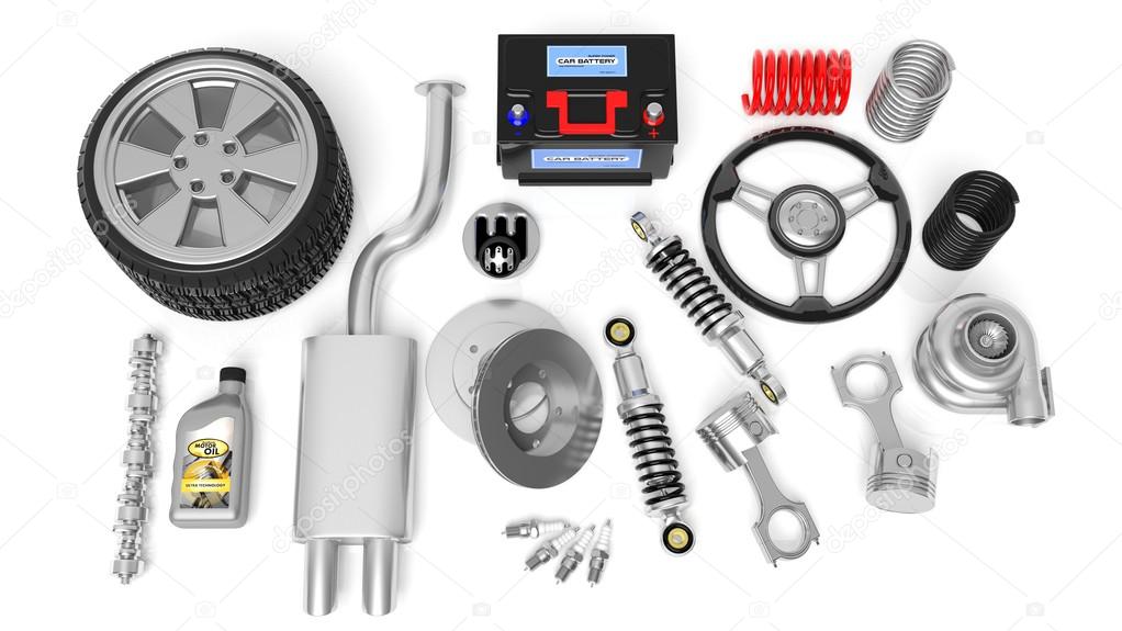 Varias piezas de automóviles y accesorios, aislados sobre fondo blanco ...