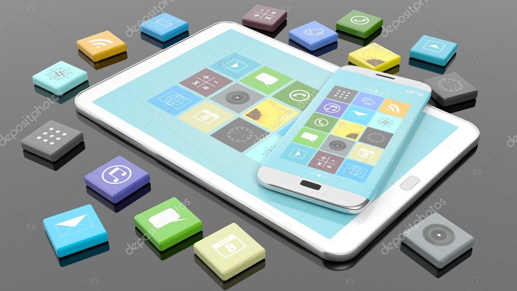 Smartphone and tablet with apps in shape of beveled square, isolated on ...