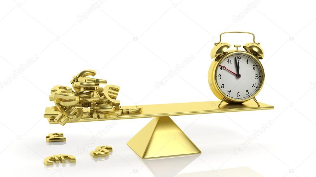 Golden balance scale with currency symbols and alarm clock, on white ...