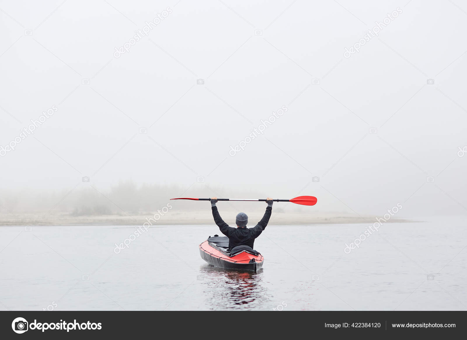 Back View Man Kayak River Raised Oar Wearing Black Jacket Stock Photo ...