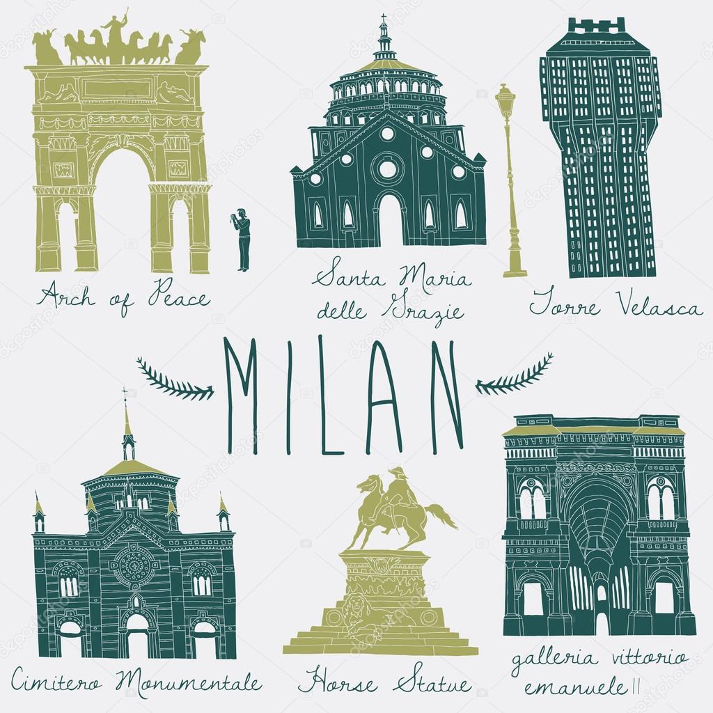 Milan landmarks and monuments — Stock Vector © Lavandaart #107650562