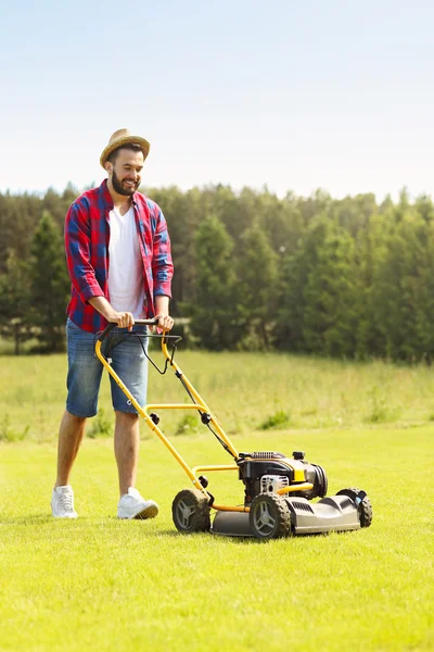 Man mowing the lawn in the backyard — Stock Photo © CroMary #43659123