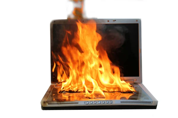 Laptop computer on fire. isolated on white. room for text. Laptop fire ...